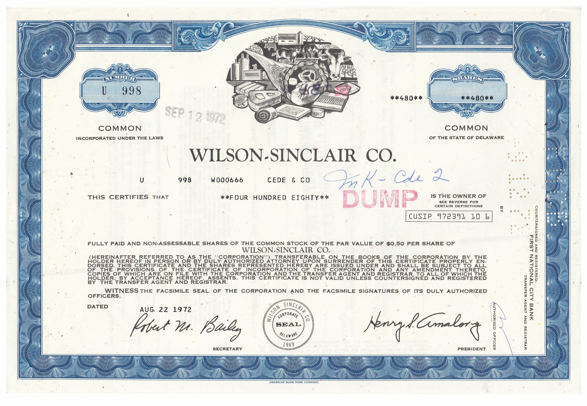 Акция WILSON- SINCLAIR CO 1971- 1972 гг