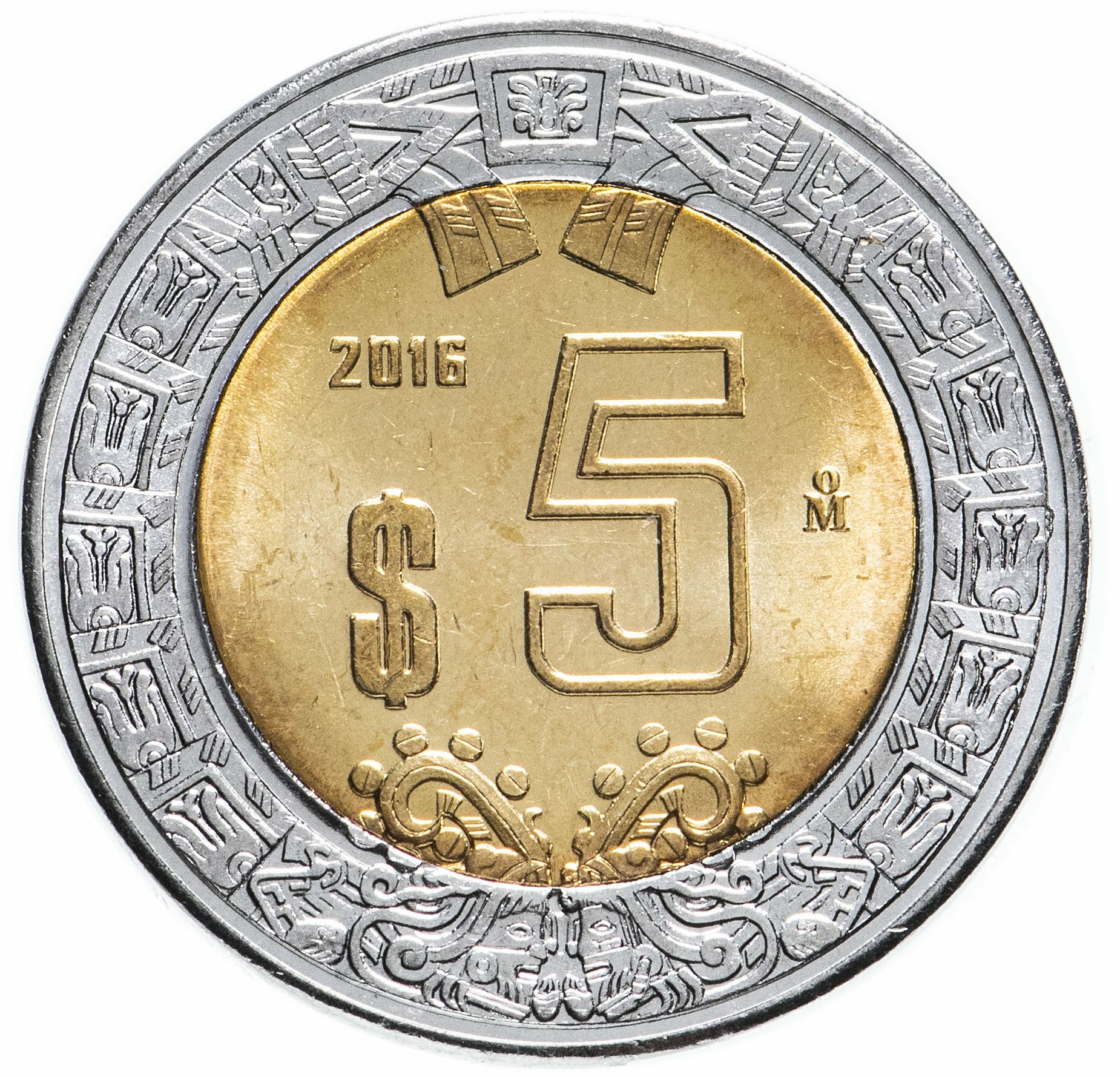 Мексика 5 песо 2016, Биметалл, в сохранности UNC