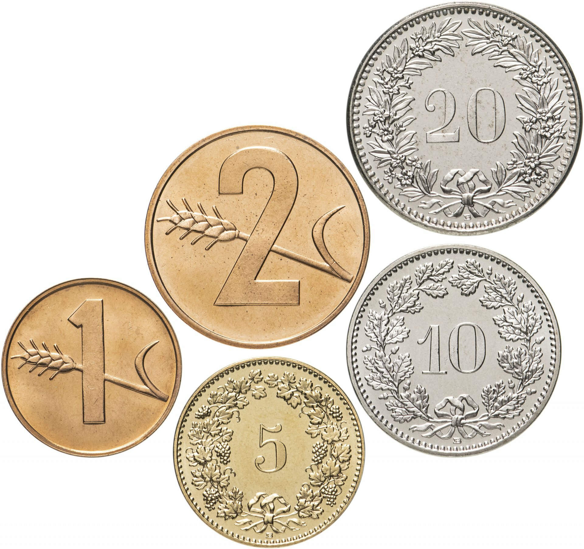 Швейцария - набор 5 монет 1966-2019, Другой, в сохранности UNC