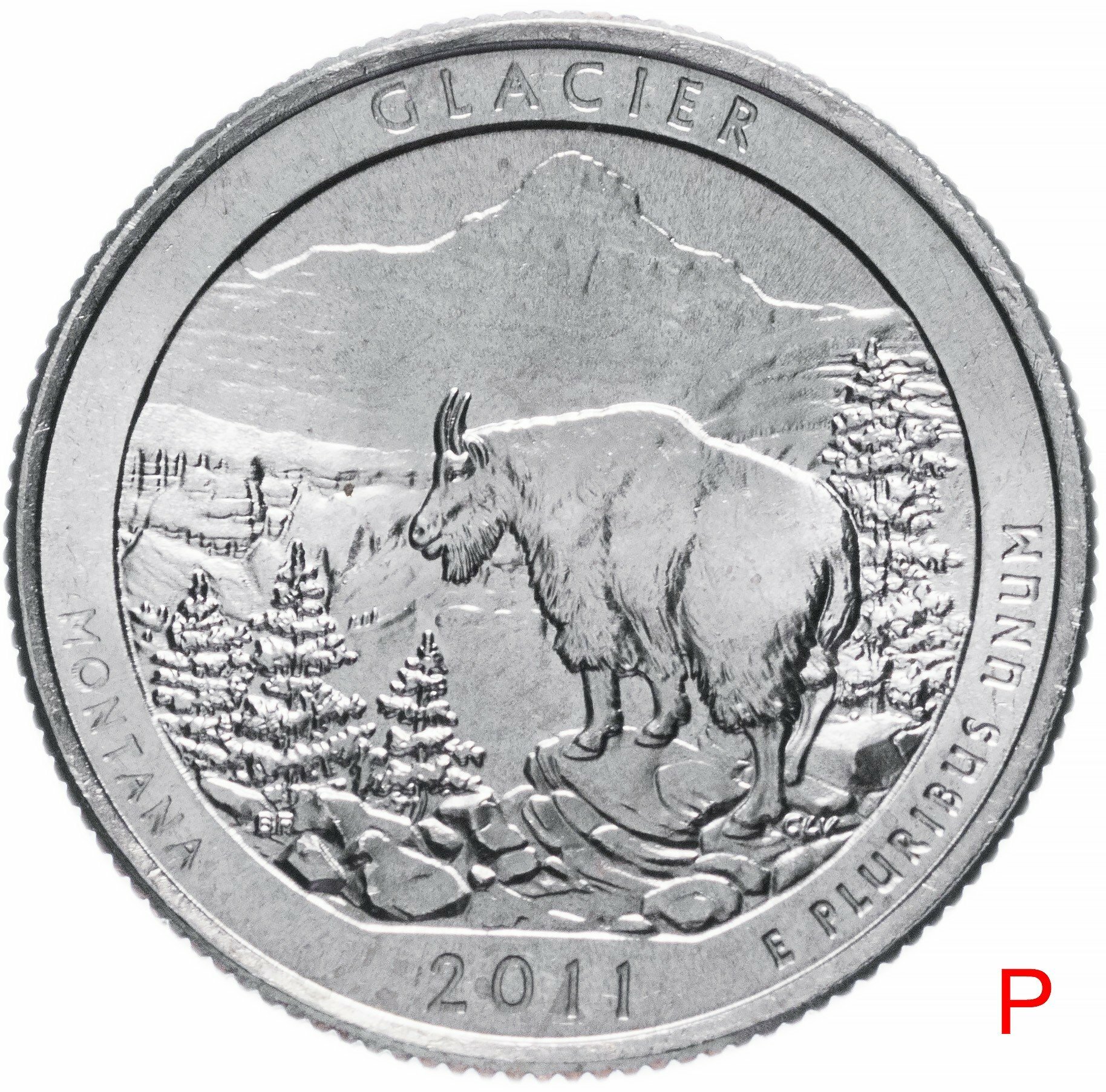 США 1/4 доллара 25 центов, квотер 2011 P — "Национальный парк Глейшер" 7-й парк, Мельхиор медь-никель, в сохранности UNC
