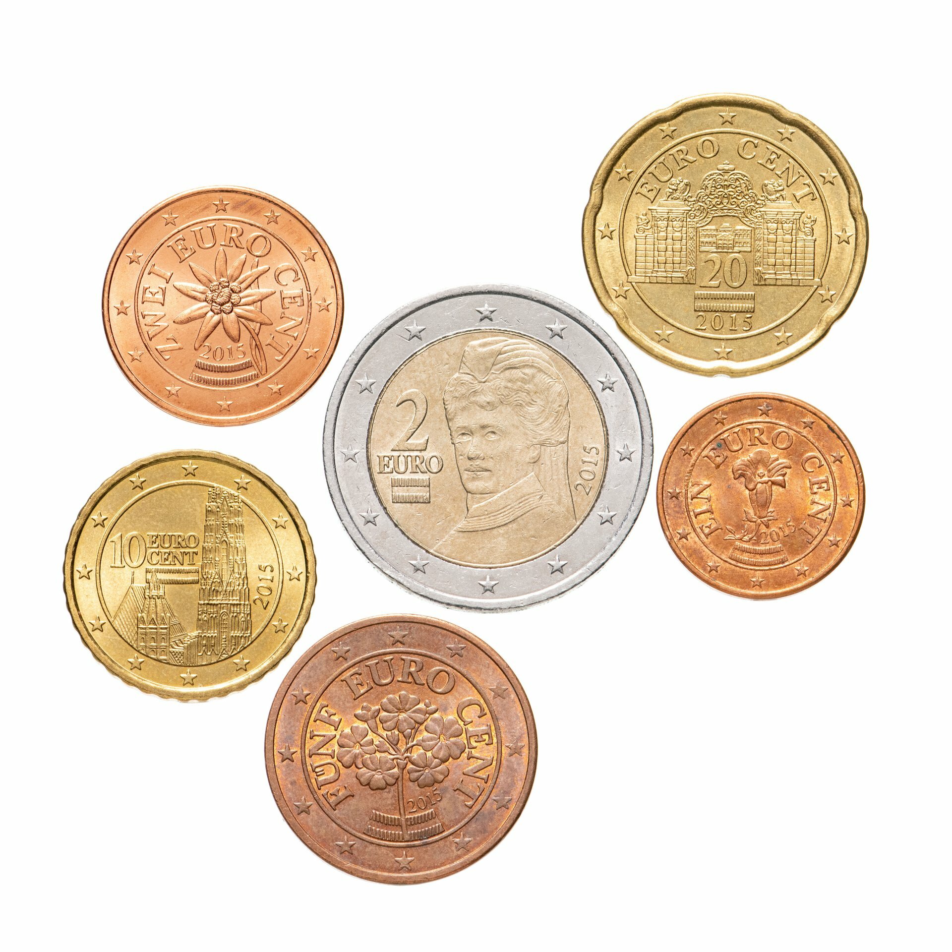 Австрия полный годовой набор евро для обращения 2015 6 штук, Биметалл, в сохранности VF-XF