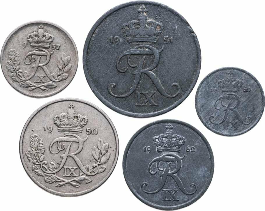 Дания набор монет для обращения 1947-1972 5 шт , Цинк, Мельхиор, в сохранности VF-XF