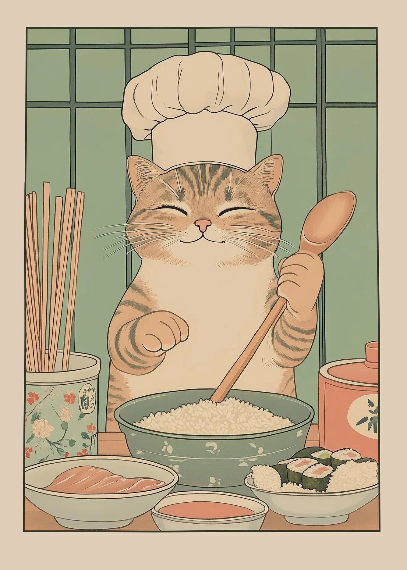 Плакат "Кот-шеф готовит суши", 20x30см, by-6