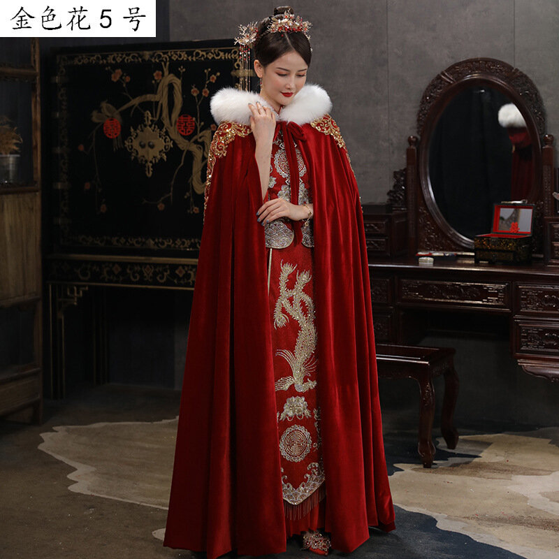 В наличии костюм Ханфу Сюхэ, утолщенный национальный стиль, красный китайский стиль, накидка с меховым воротником, свадебный шаль для невесты, зимний теплый
