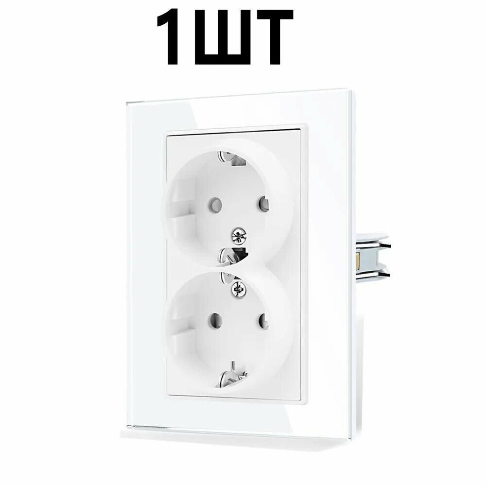 Розетка двойная с заземлением с шторок, 16А 250В, панель закаленное стекло, белая,1ШТ