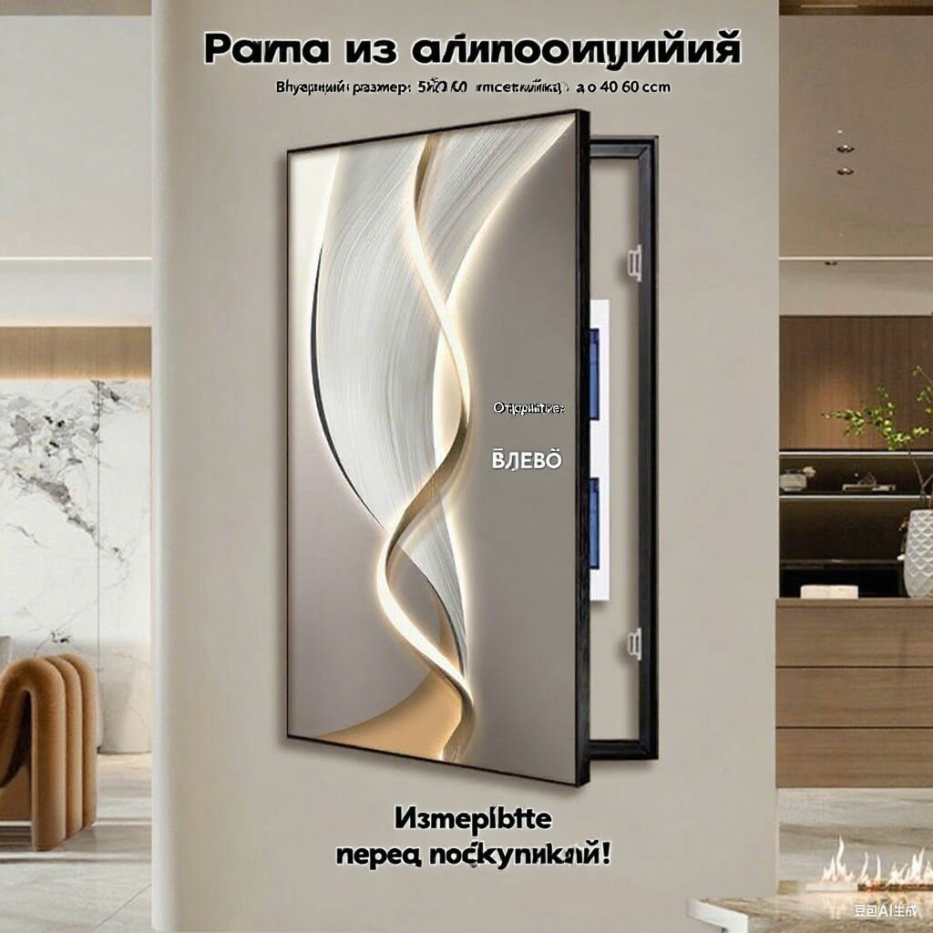 Картина-щиток для электросчётчика 50x70см: маскировка, алюминиевая рама, левое открывание, бессверльный монтаж, гидроопора