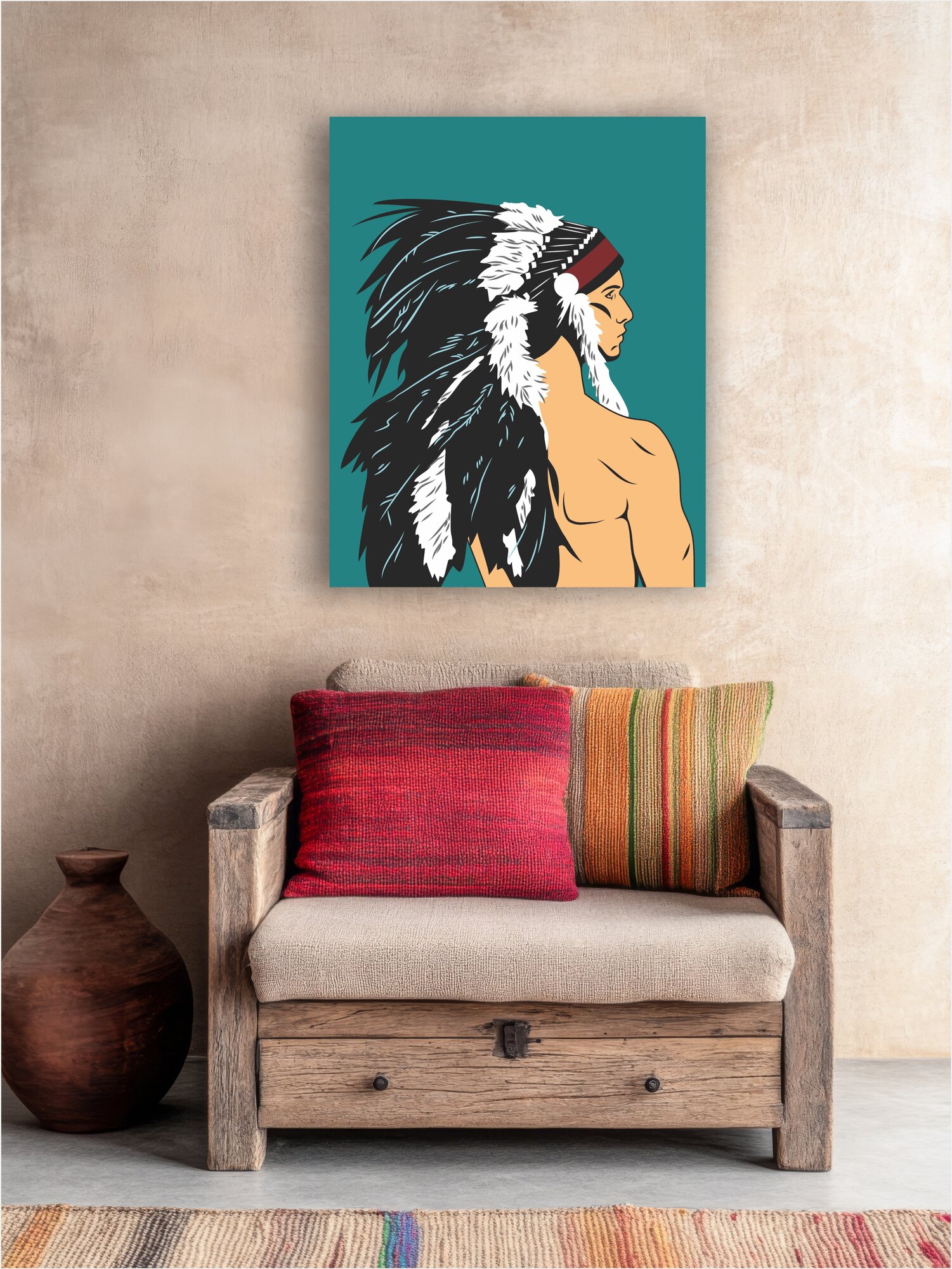 Картина для интерьера на стену портрет. Индеец на бирюзовом фоне 40х50 см на холсте на подрамнике