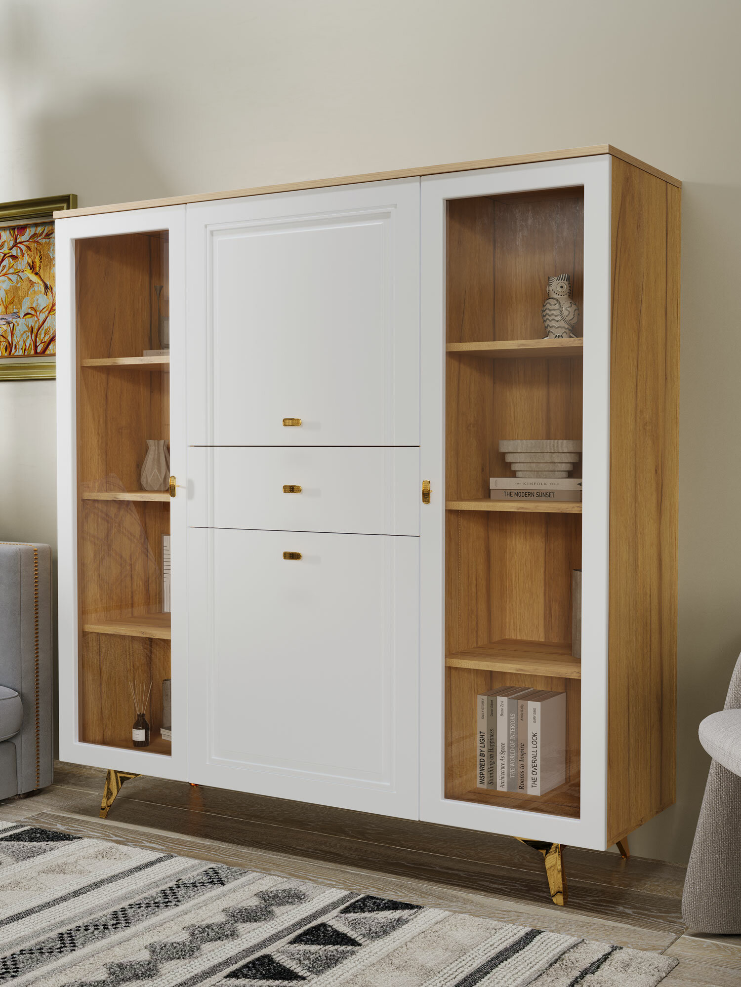 Шкаф-витрина Вега Сапфир 2 двери, с полками, с ящиками, с комбинированным фасадом, 140.4х42.4х146 см, Дуб золотистый / Белый глянец