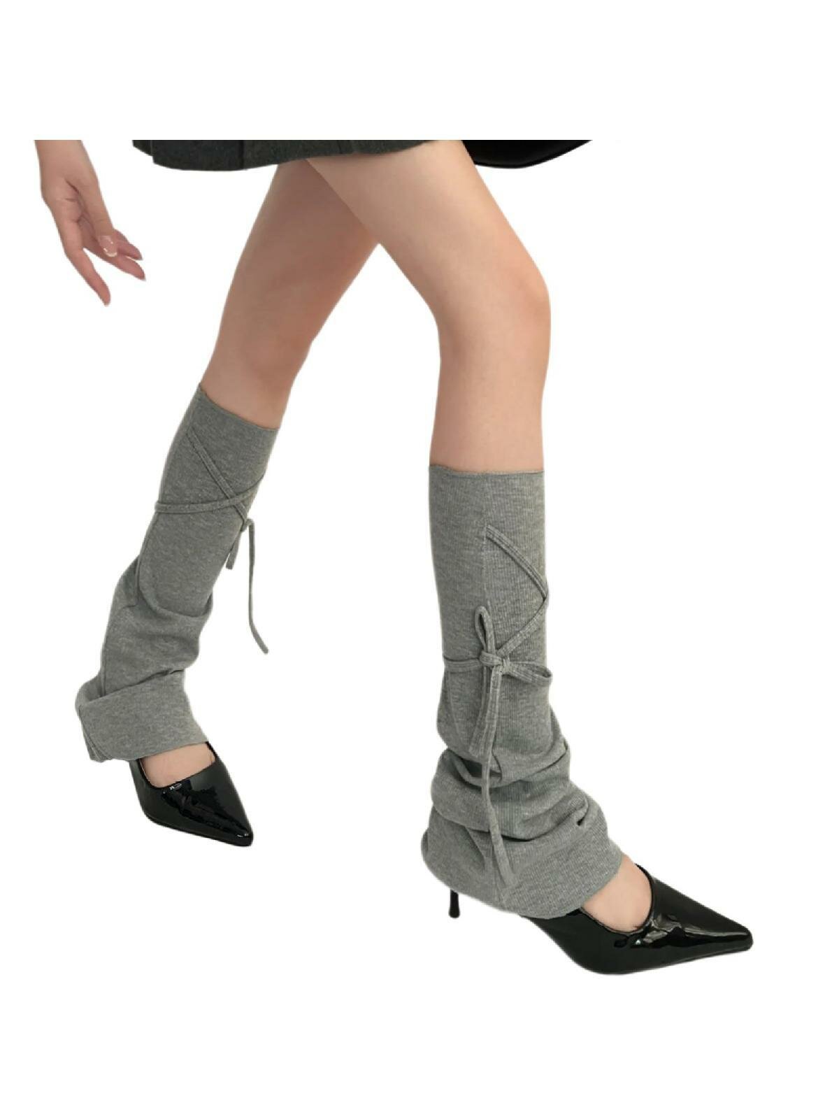 Женские вязаные удлинённые гетры с завязками, Серый