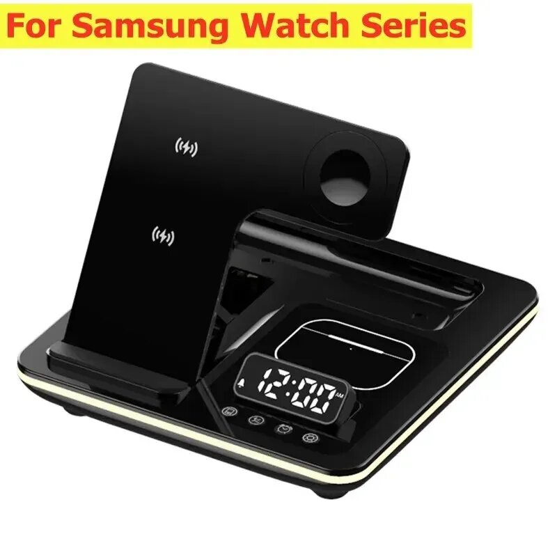 Беспроводное зарядное устройство 5 в 1, будильник, светодиодная подсветка, док-станция, быстрая беспроводная зарядка для iPhone 17-12, Apple Watch 10/9/8/7/6/5 Airpods Pro Black for Samsung