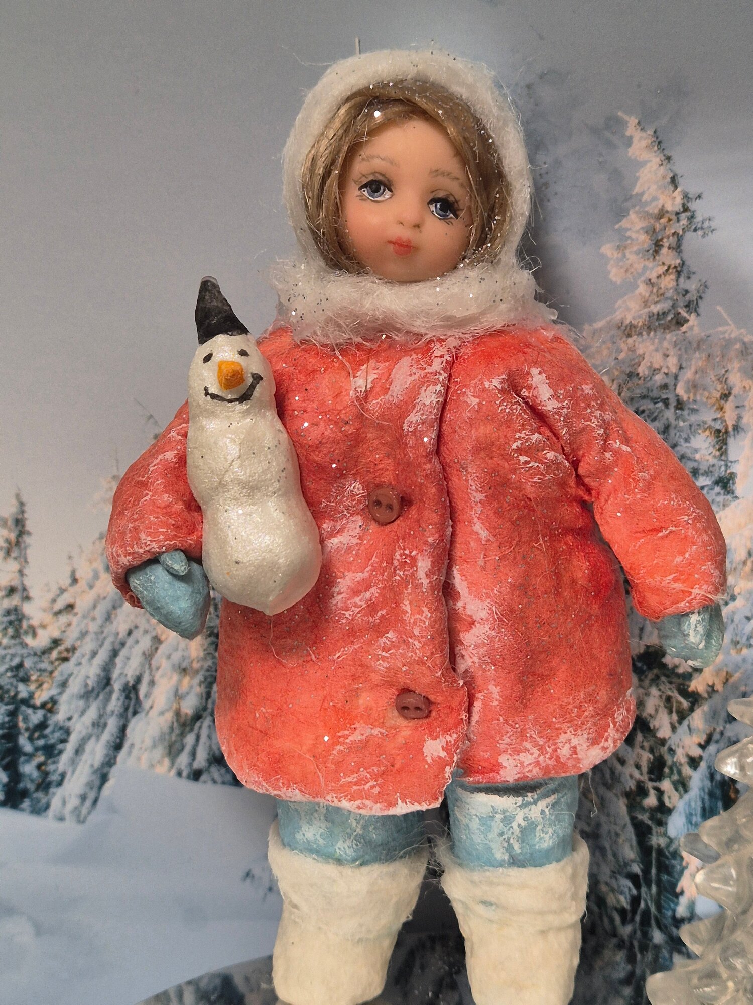 Ёлочная игрушка Affavatta, "Девочка и снеговик", 12см, ручная роспись