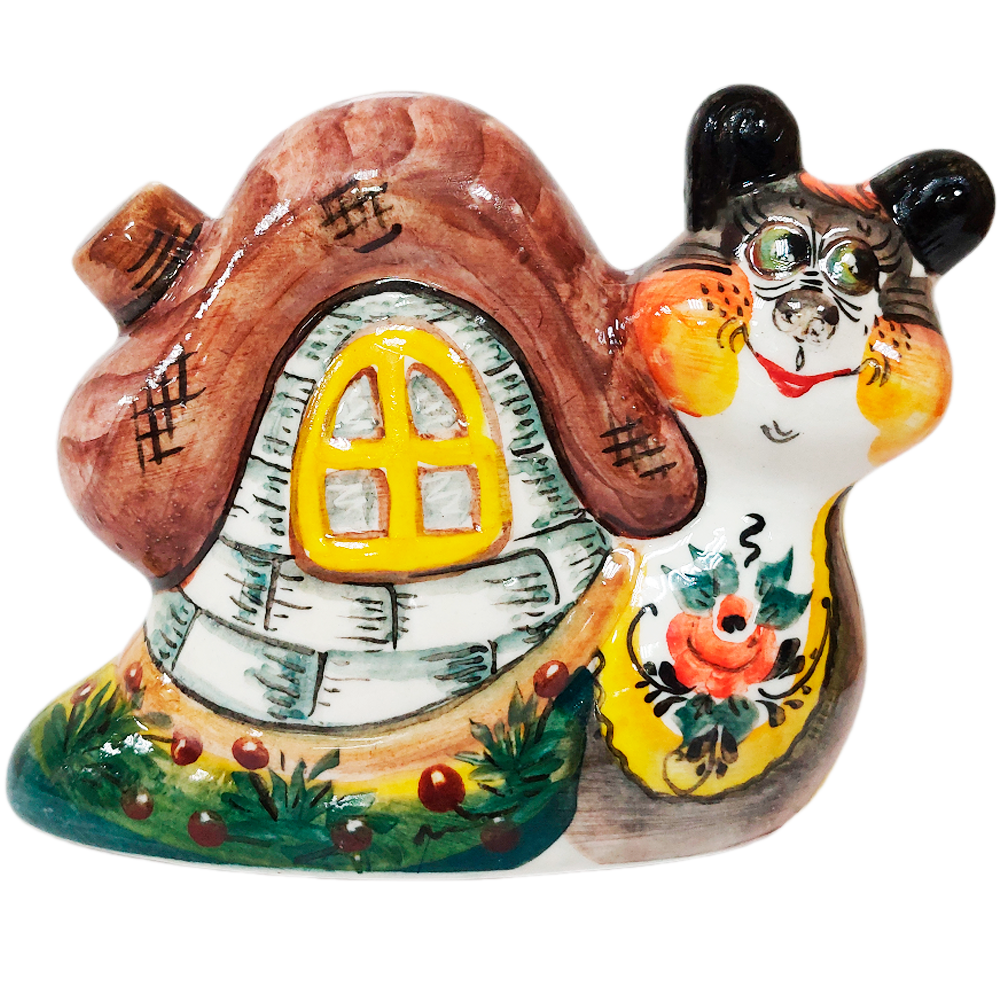 Фарфоровоя фигурка ручной работы "Улитка с домиком", цветная гжель