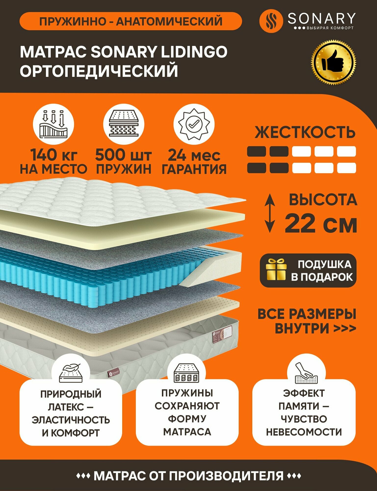 Матрас Sonary Lidingo 65х190 серии Flow, высота 22 см, анатомический средней жесткости латексный Независимые пружины