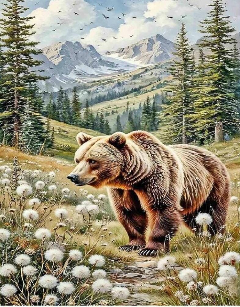 Алмазная мозаика на подрамнике 40*50 "Медведь в одуванчиках"