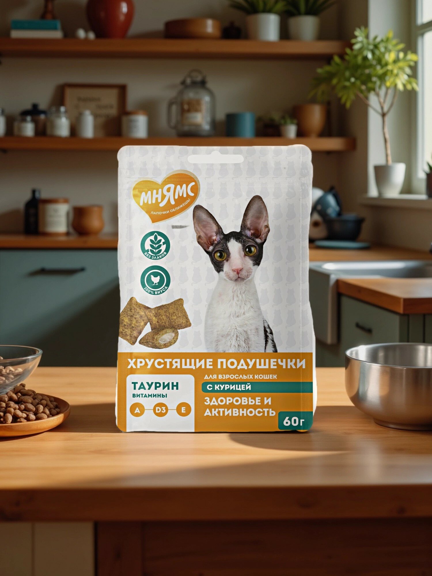 Лакомство Мнямс "Здоровье и активность" хрустящие подушечки для кошек с курицей 60 г.