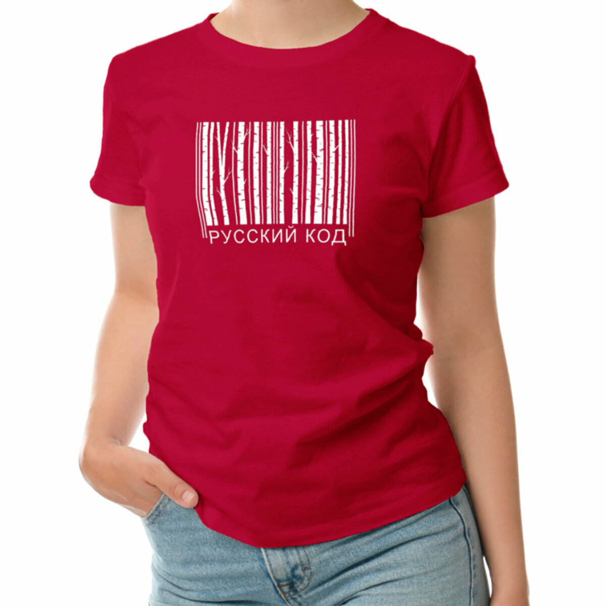 Женская футболка «Русский код патриотическая в русском стиле березки» (красный, XL)