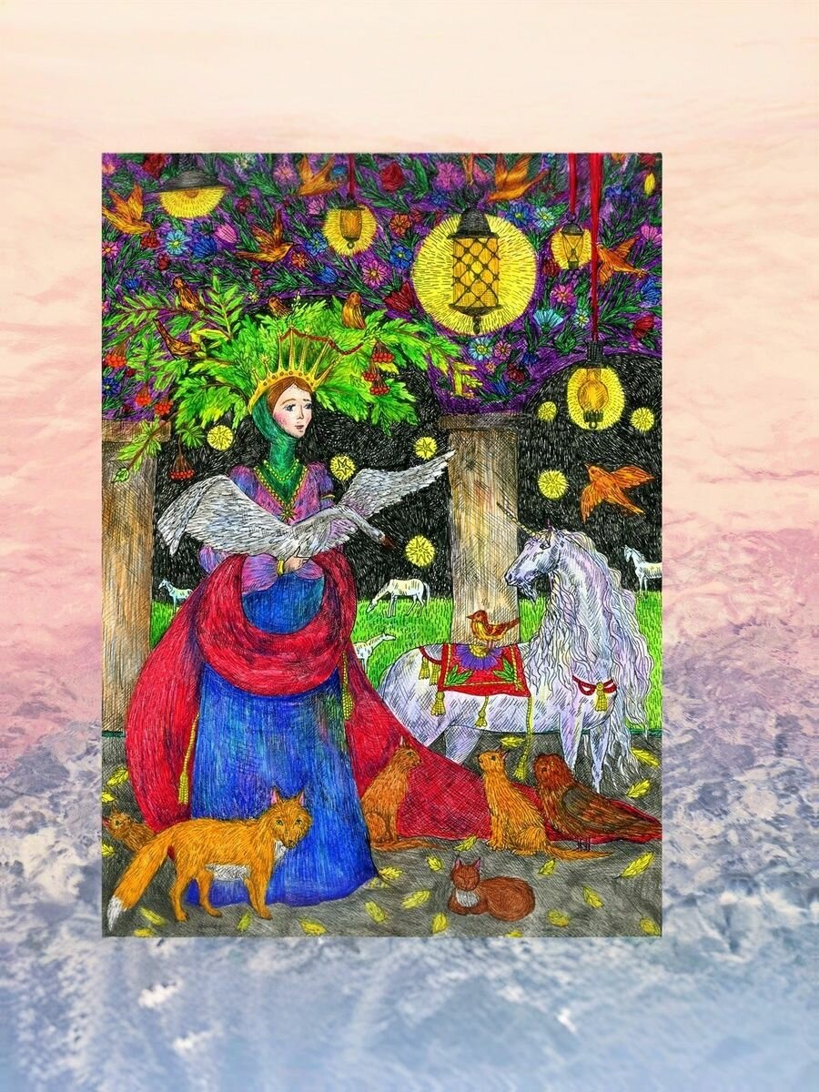 Открытка поздравительная "В волшебном замке" с конвертом Милая открытка с девушкой принцессой и животными