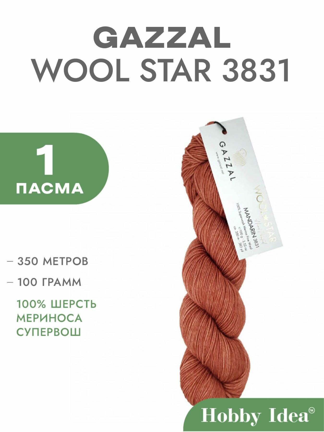 Пряжа Gazzal Wool Star 3831 Терракотовый 1 пасма (Мериносовая пряжа в пасмах Газзал Вул Стар)