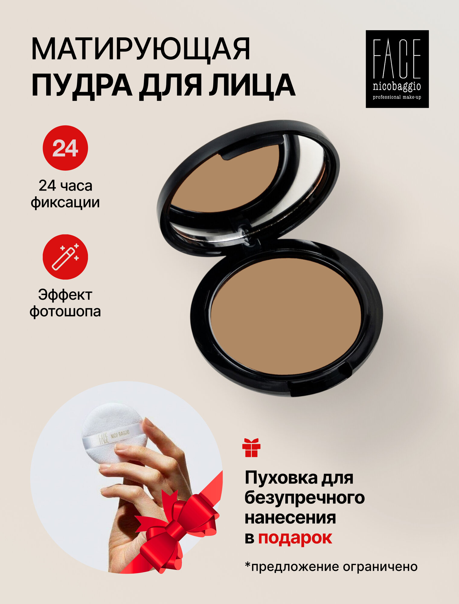 Пудра для лица матирующая SPF 20 + контроль жирности FACE nicobaggio professional make-up
