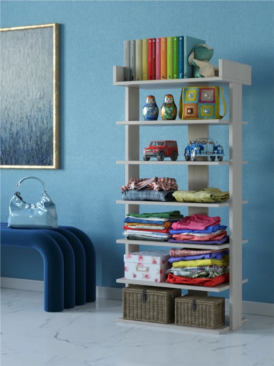 Стеллаж, этажерка узкая, высокая, для обуви, книг, деревянная ЛДСП Ясень шимо светлый