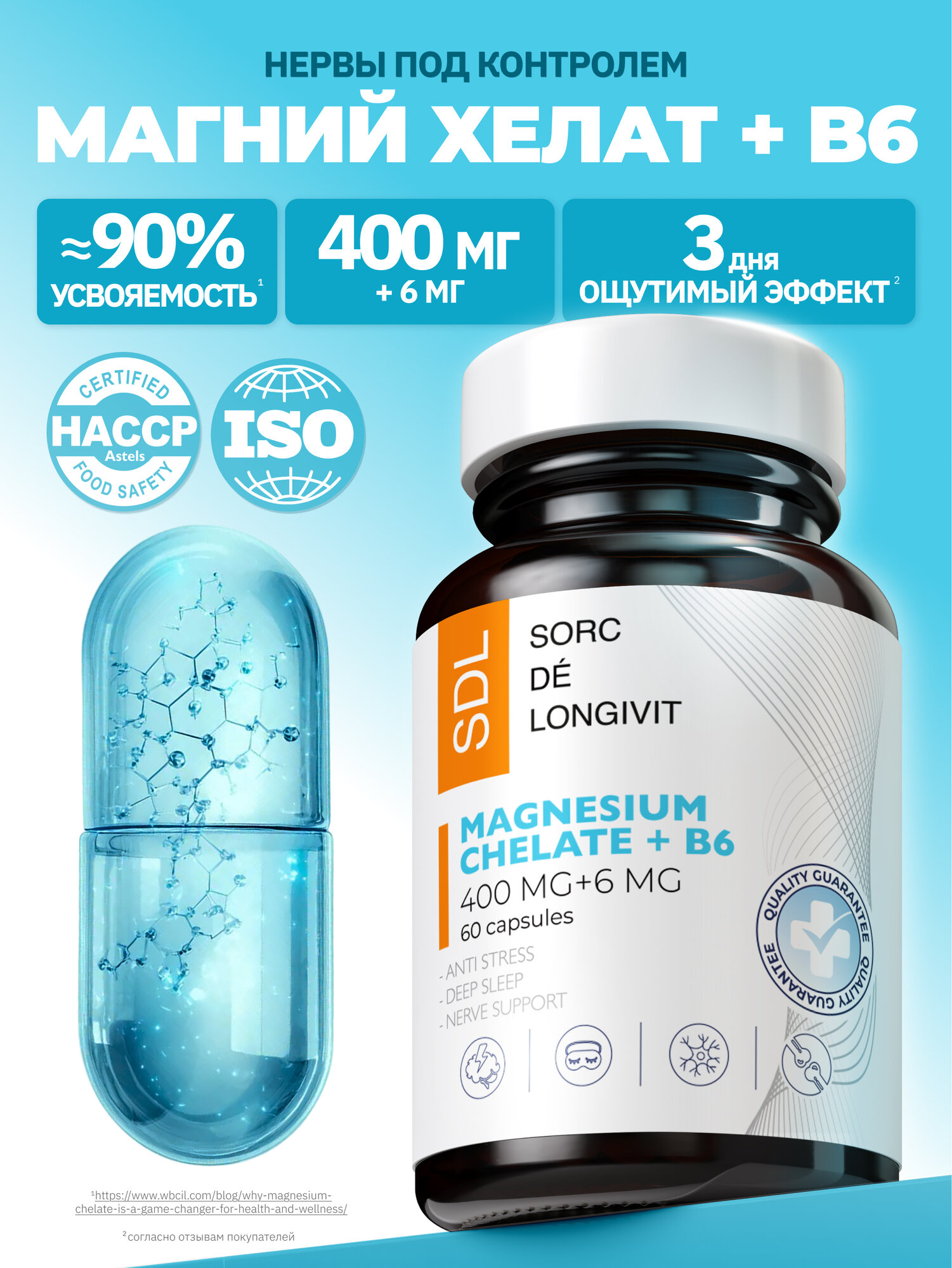 Магний хелат с витамином В6 SDL, для здоровья нервов и сердца 400 мг+6 мг, 60 капсул