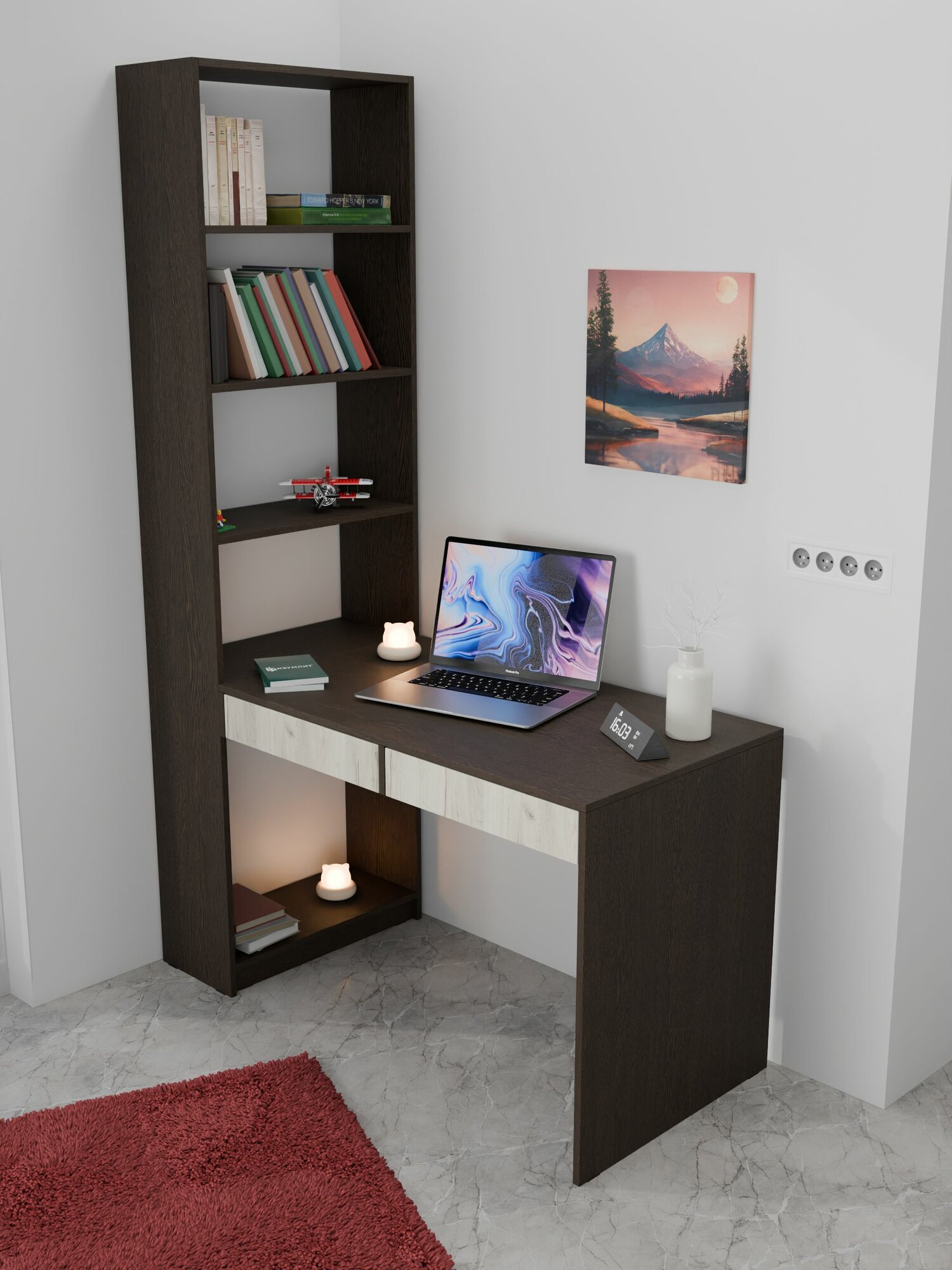 Изумлит Стол-стеллаж письменный угловой, стеллаж слева 200х130х59.2 см, венге - дуб крафт белый