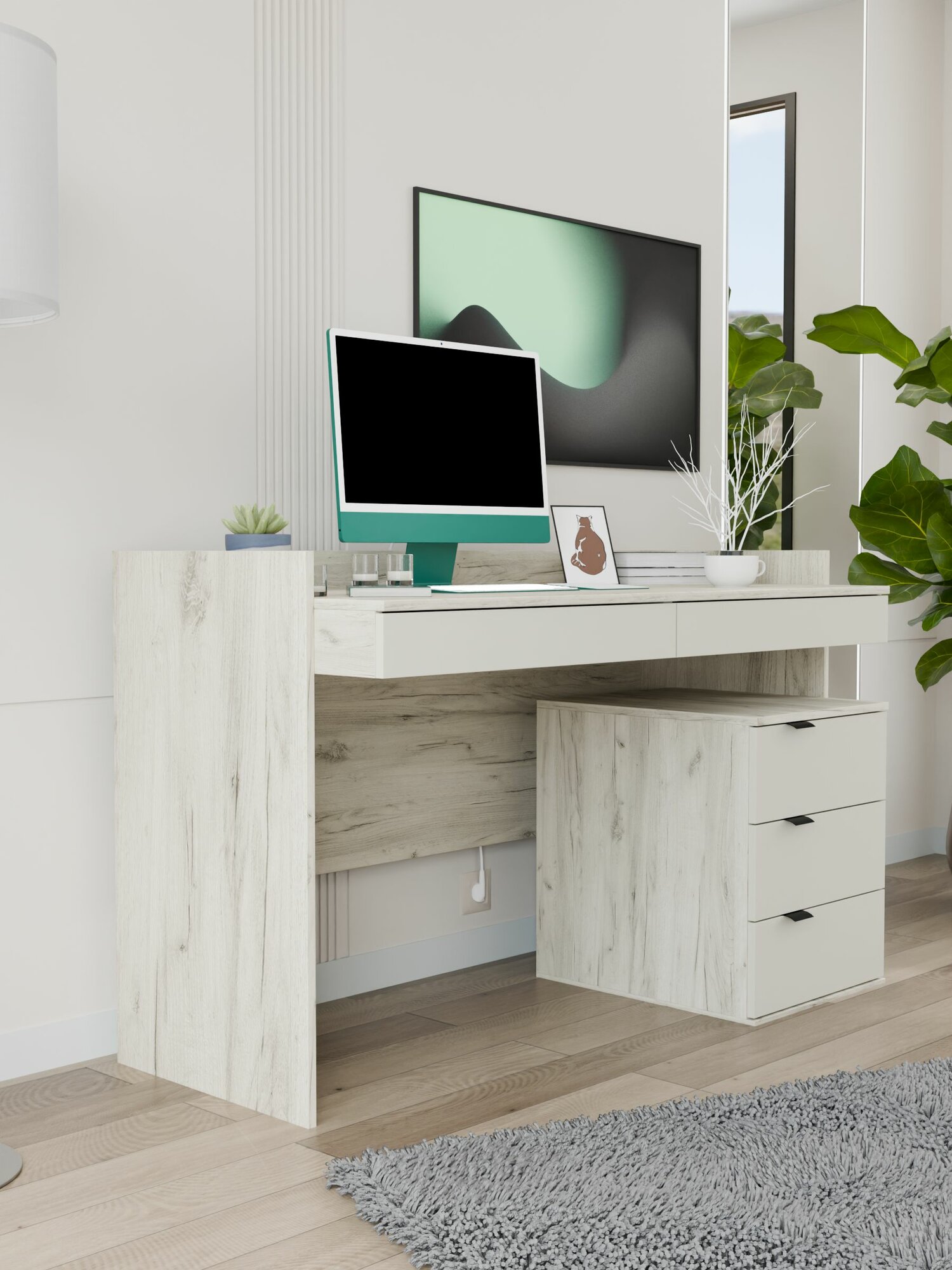 Изумлит Стол компьютерный для офиса и дома Бастион 140х87х64.5 см, корпус+столешница-дуб крафт белый/фасад-бежевый