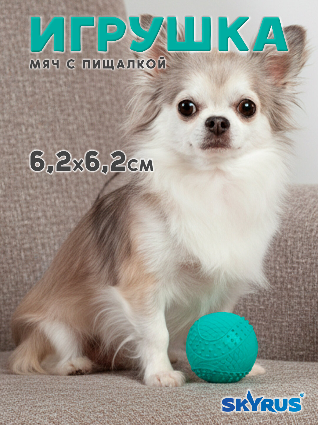 Игрушка SkyRus "Мяч" для собак, с пищалкой, цвет мятный, диаметр 6.2 см