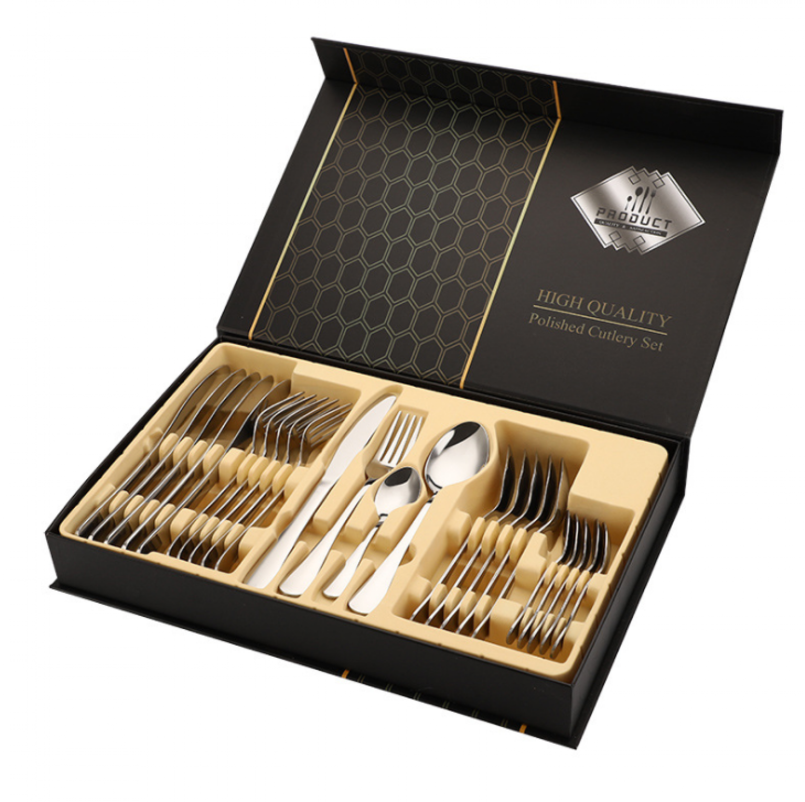 Набор столовых приборов MyPads A157-047 из нержавеющей стали с серебристым зеркальным покрытием, 24 предмета