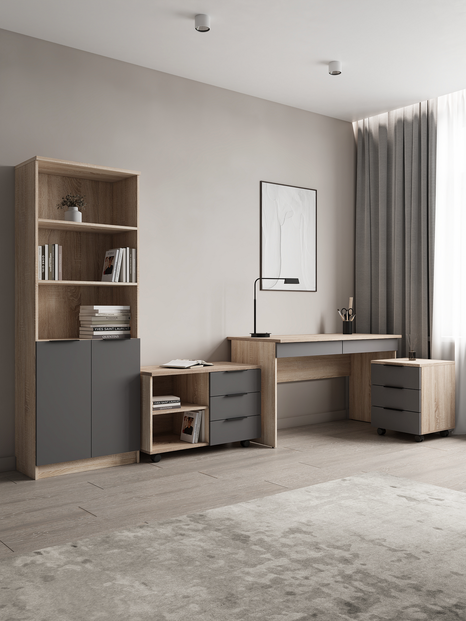 Комплект офисной мебели A-A MEBEL Оксфорд письменный стол, тумба с ящиками и полками, книжный шкаф