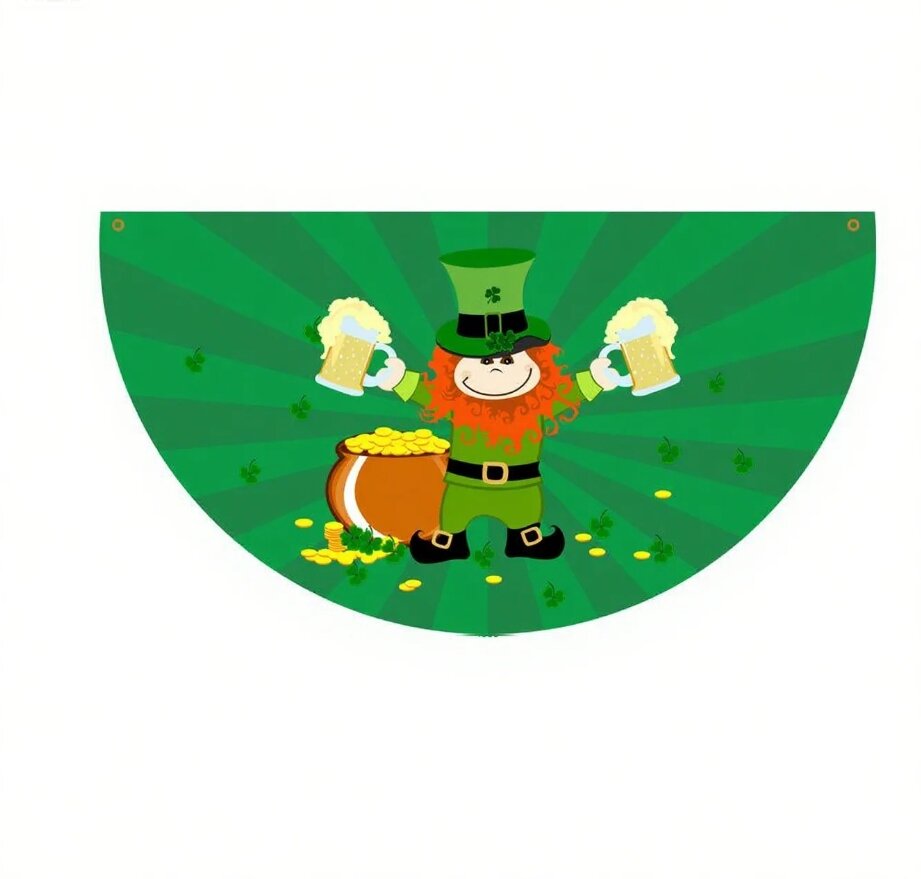 Флаг ко Дню Святого Патрика с лепреконом, 90х150 см – Забавный дизайн с лепреконом, держащим пиво, и золотыми элементами – Красочный зеленый праздничный флаг – Высококачественная полиэстерная ткань – 150х90 см, 100 г