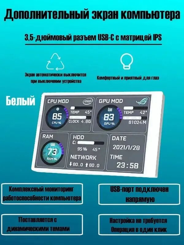 3.5 дюймовый IPS с прошивкой TURZX Turing Smart Screen Монитор ПК USB-C для отображения данных CPU Ram HDD - Белый