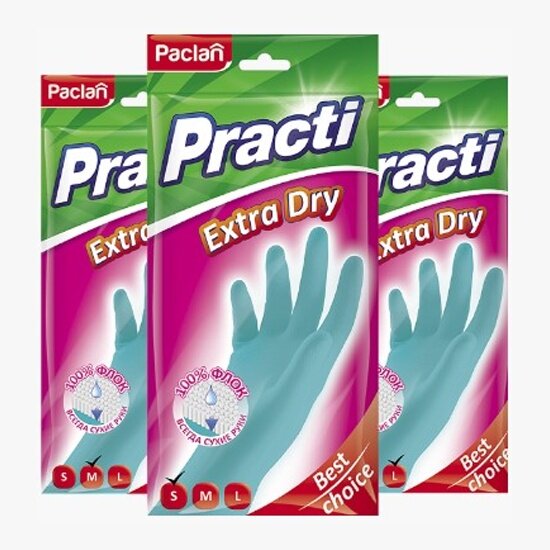 Перчатки хозяйственные Paclan "Practi Extra Dry" резиновые, хлопчатобумажное напыление, 100% флок, размер L, синие
