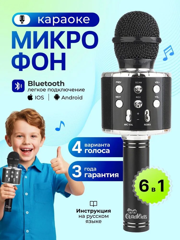 Микрофон WSTER WS-858 караоке, черный, Bluetooth, для детей