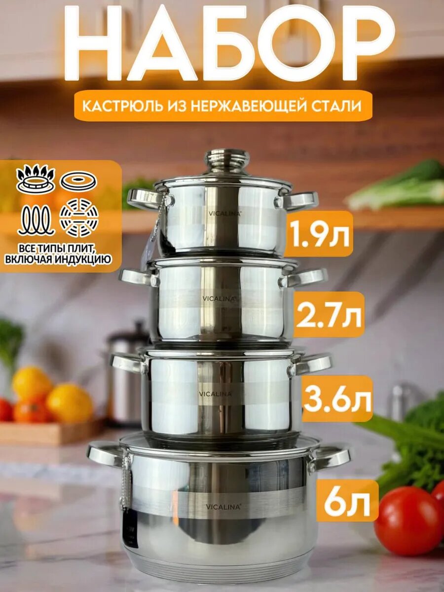Набор кастрюль Vicalina VL-575, сталь, с крышками, для индукции, серый металлик