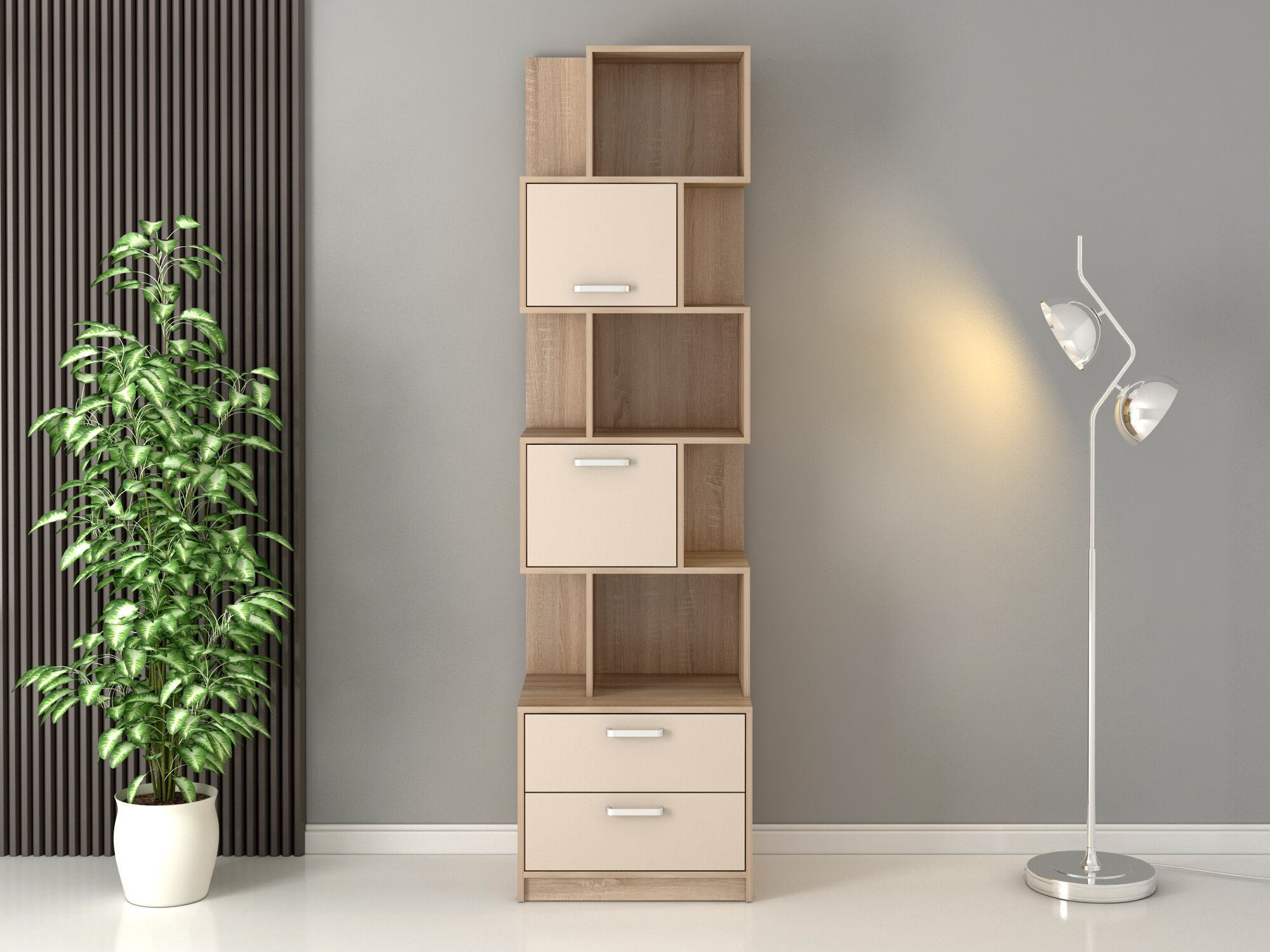 Стеллаж BONMEBEL "Калипсо", ЛДСП сонома/бежевый, с ящиками, 59х43х216см