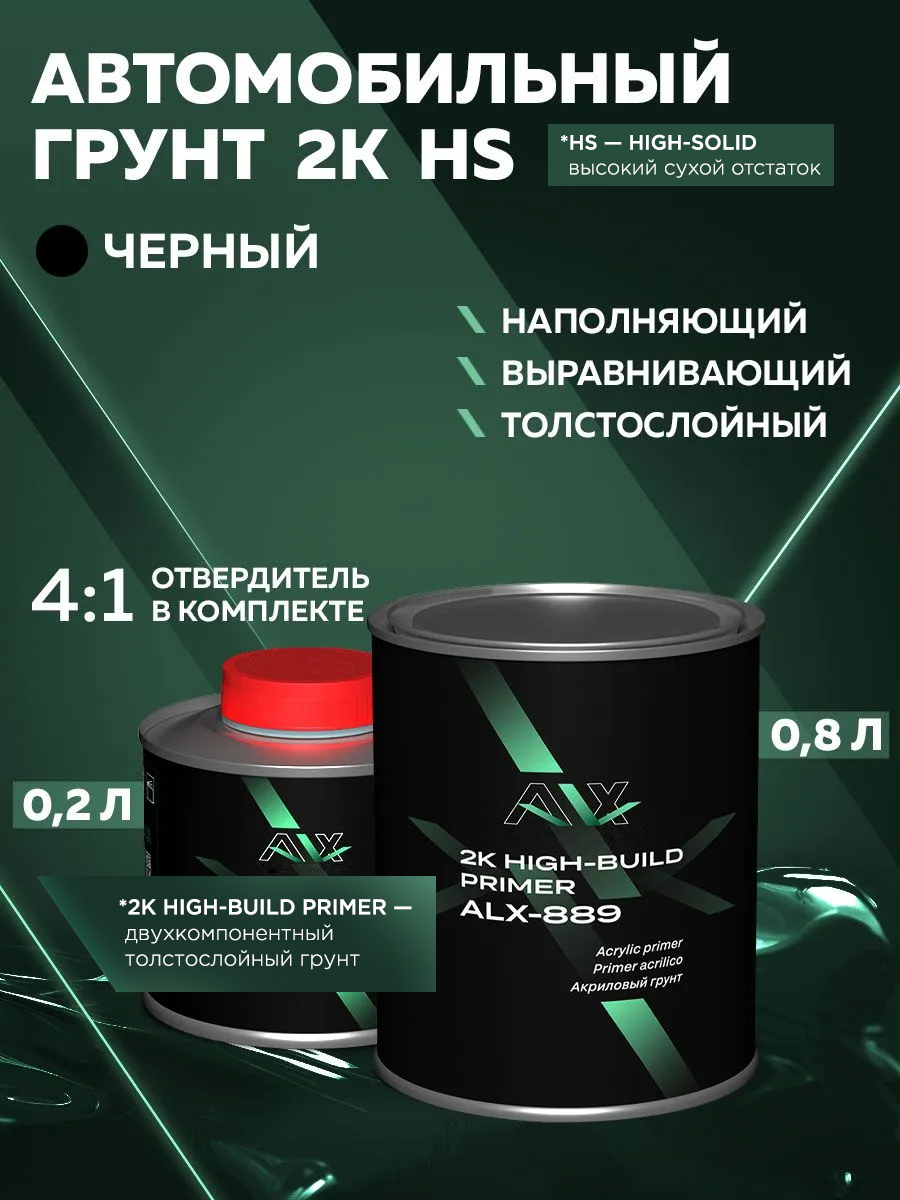 Грунтовка для автомобиля 2к 4+1 черная 0,8л + 0,2л отвердитель / ALX / грунт автомобильный акриловый