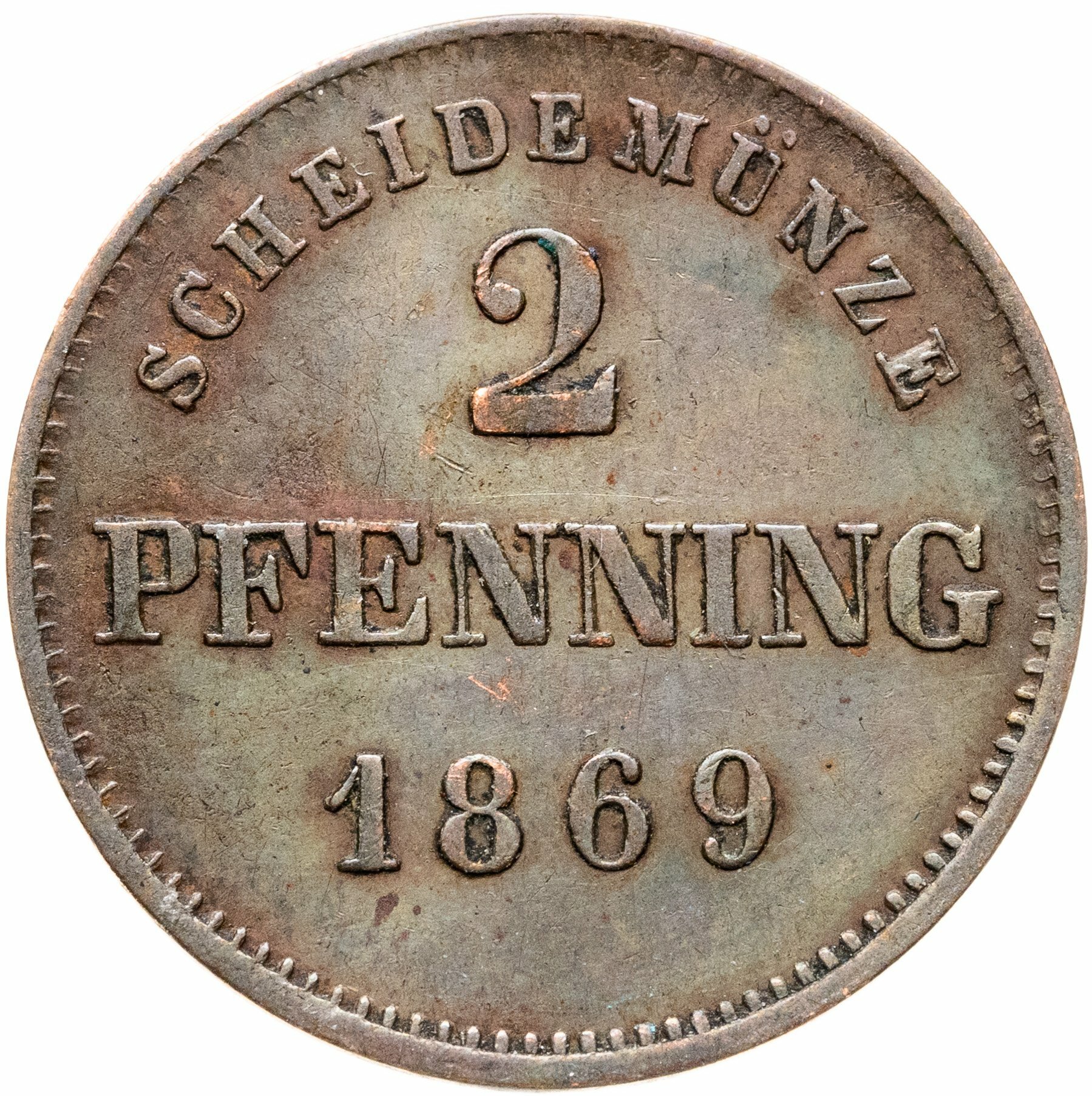 Германия, Бавария 2 пфеннига 1869, Медь, в сохранности XF