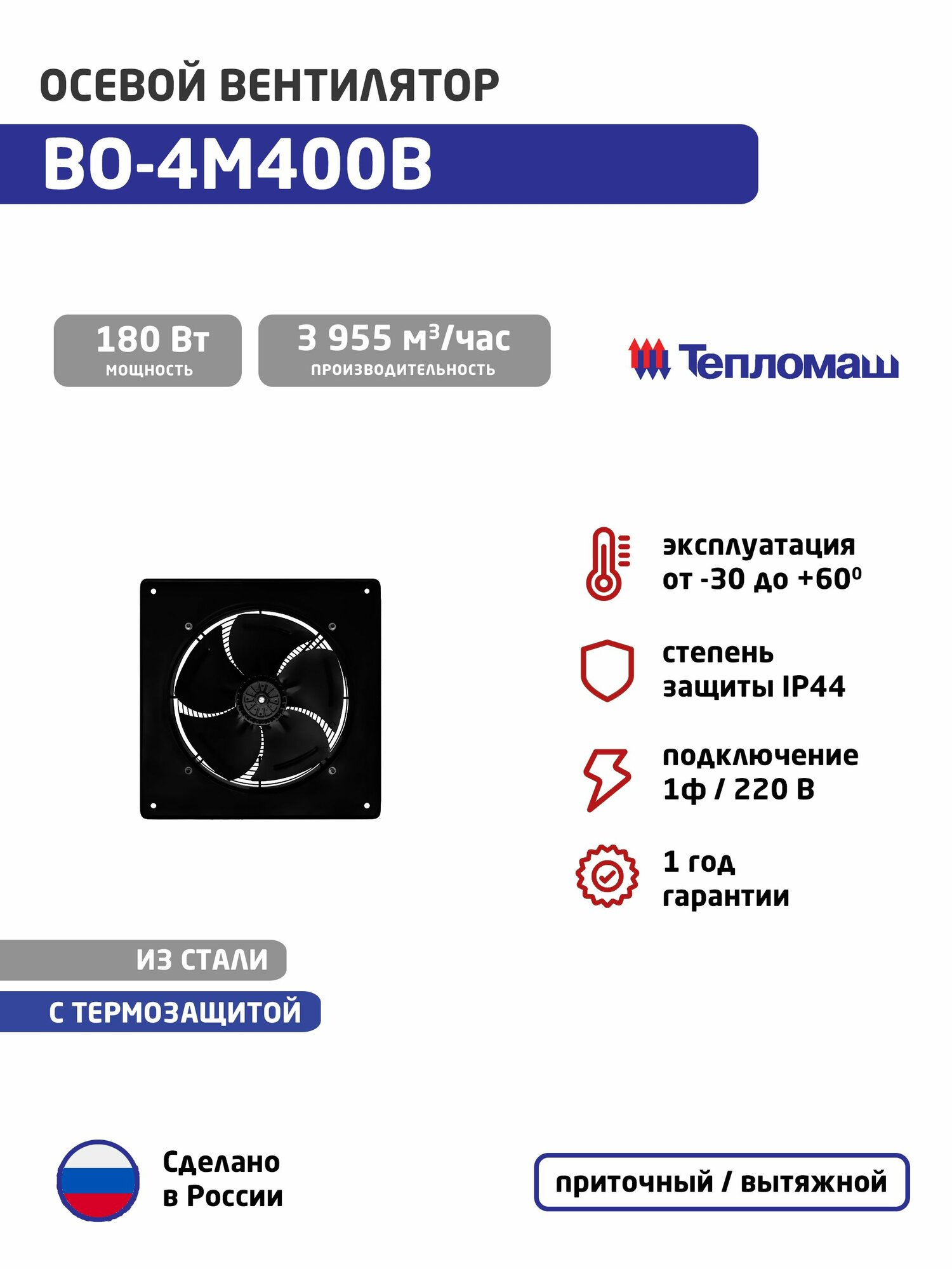 Вентилятор осевой с настенной панелью ВО-4М400В (1ф/220, 180 Вт, 1380 об/мин, 3955 м3/час)