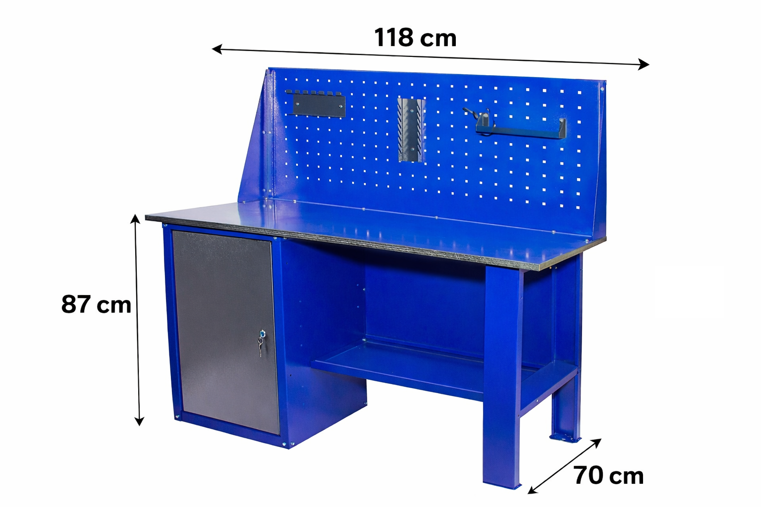 Верстак слесарный (столярный стол) с тумбой и дверцей на замке, 118*70*87 см, металлический, синий