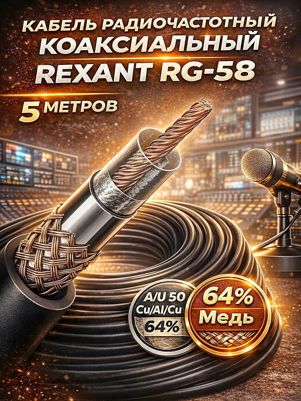 Кабель радиочастотный коаксиальный REXANT RG-58 A U, 50 Ом, 5 метров