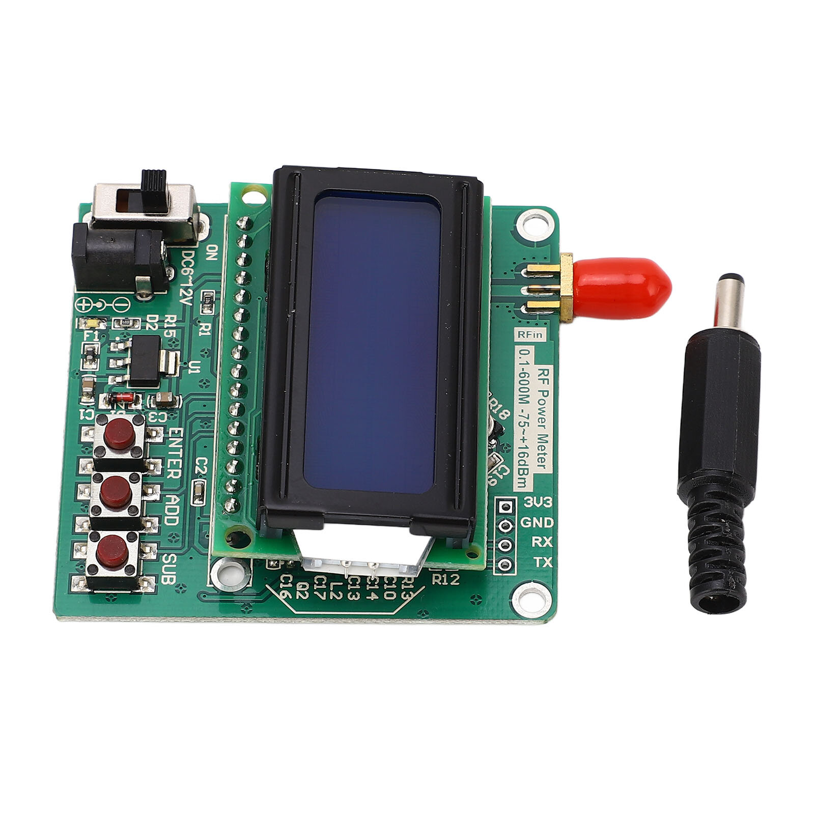 Цифровой измеритель мощности радиочастотного сигнала с настраиваемым затуханием, логарифмическим детектором и усилителями, диапазон измерения от -75 до +16 дБм, напряжение питания 6-12 В постоянного тока.