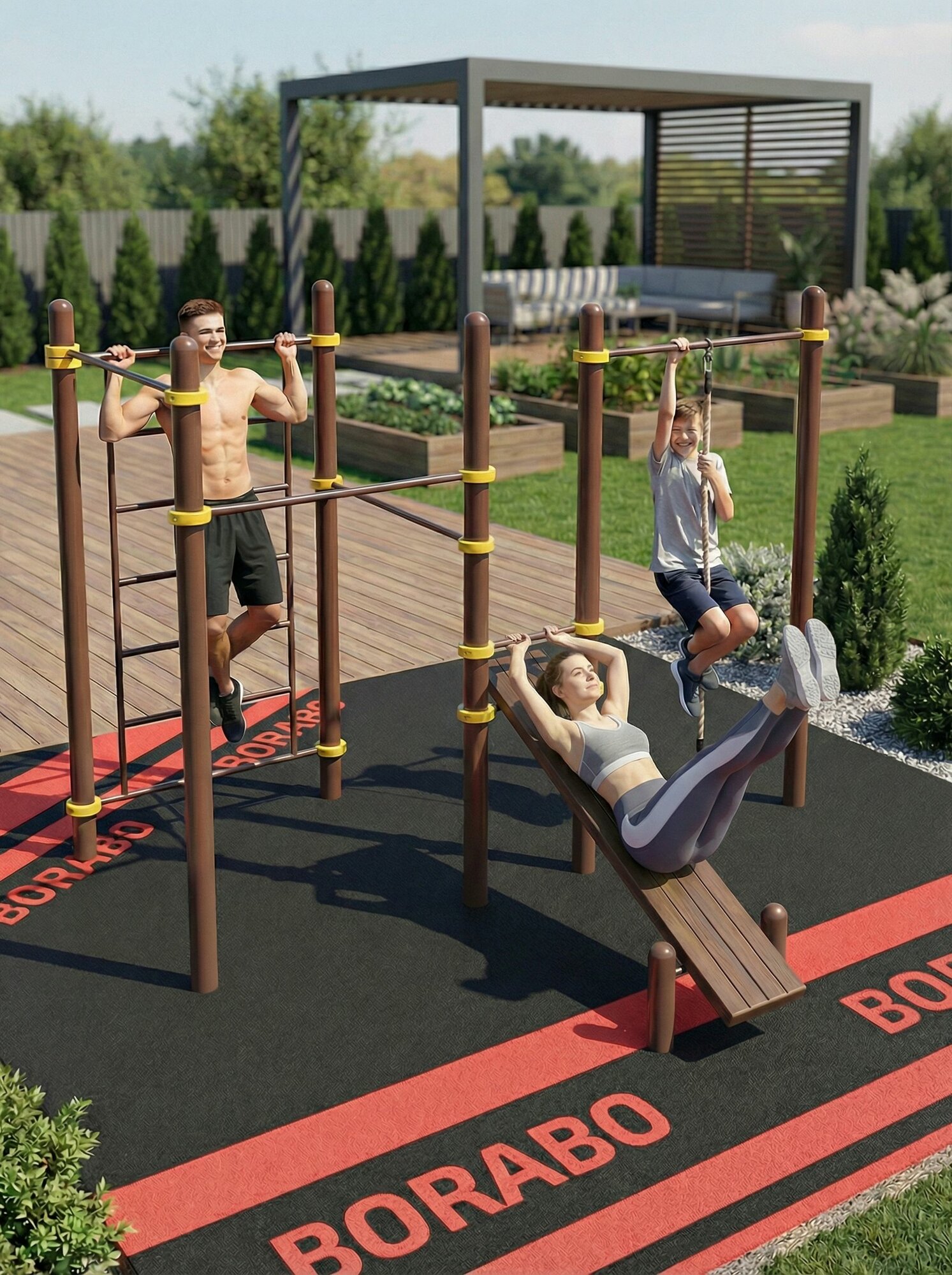 Уличный воркаут комплекс для дачи с шведской стенкой, турниками, и скамьей для пресса BW-36