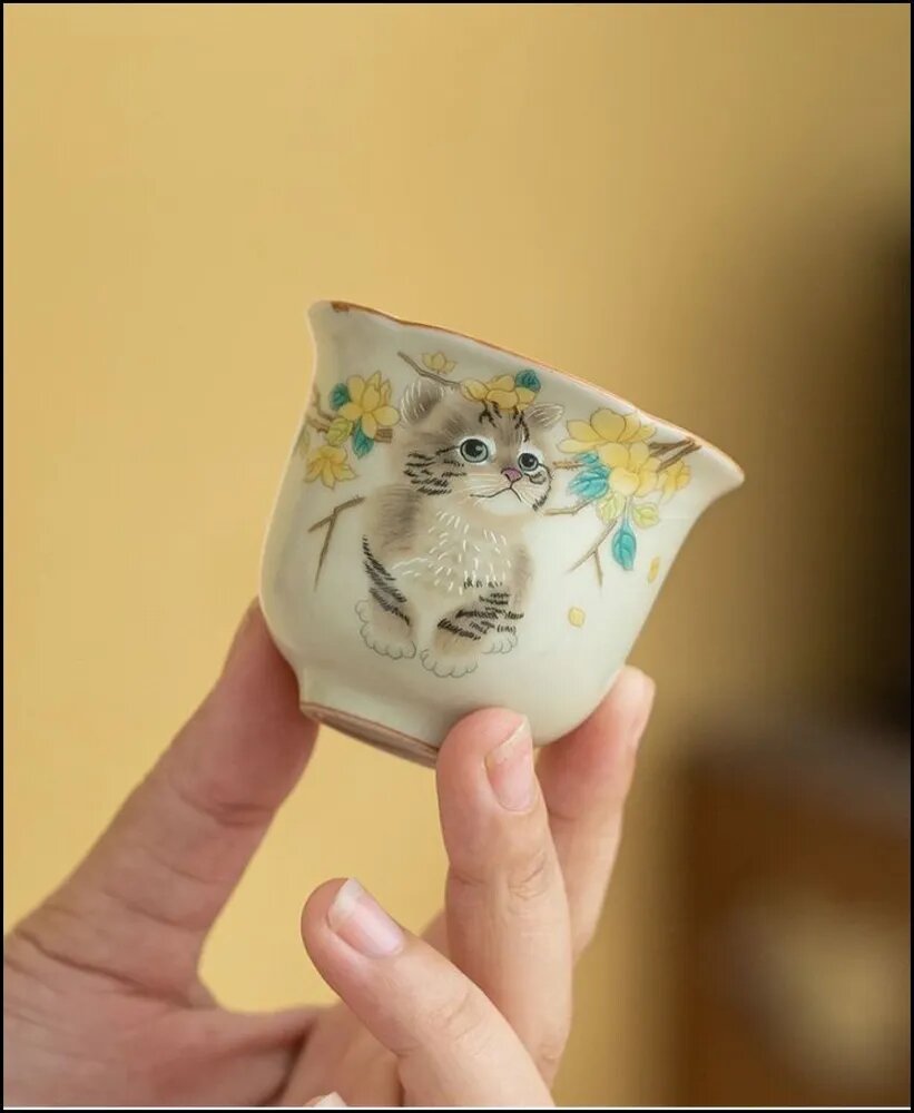 Чашка ручной работы с кошкой, 40 мл, 2 шт, керамика, для чая — фото 1