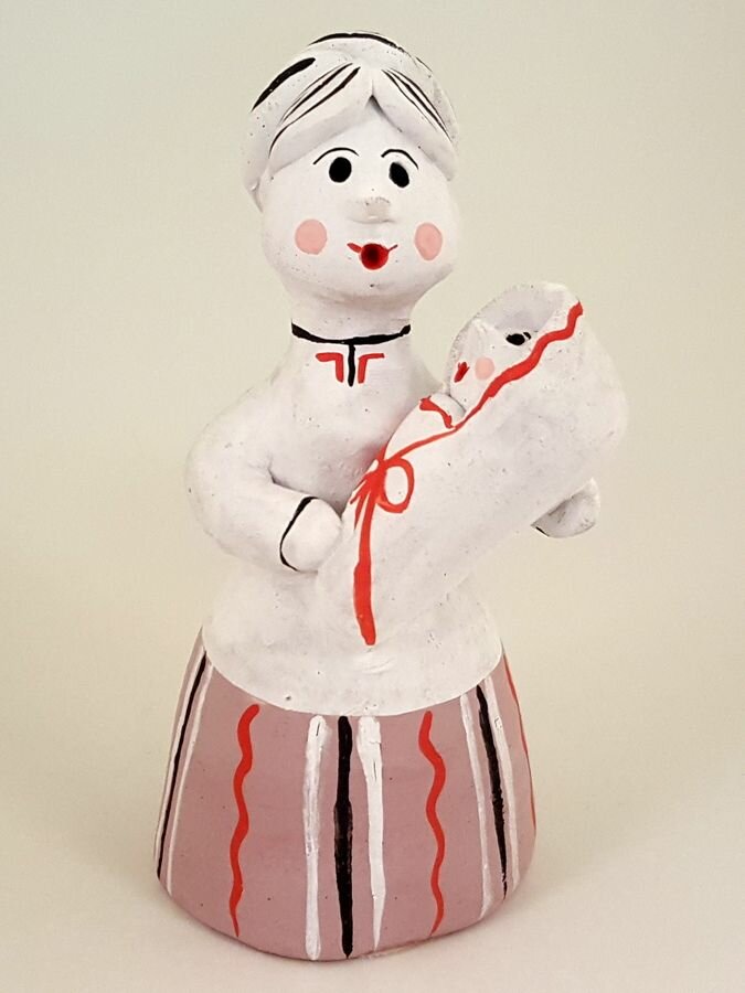 Женщина с ребенком, Каргопольская глиняная игрушка, ручная авторская работа