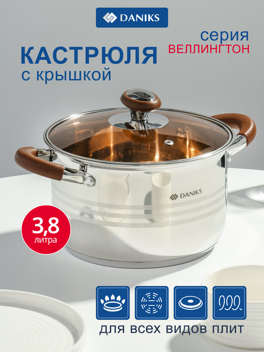 Кастрюля Daniks Веллингтон 3.8 л из нержавеющей стали, стеклянная крышка, для индукционных и газовых плит, 20 см