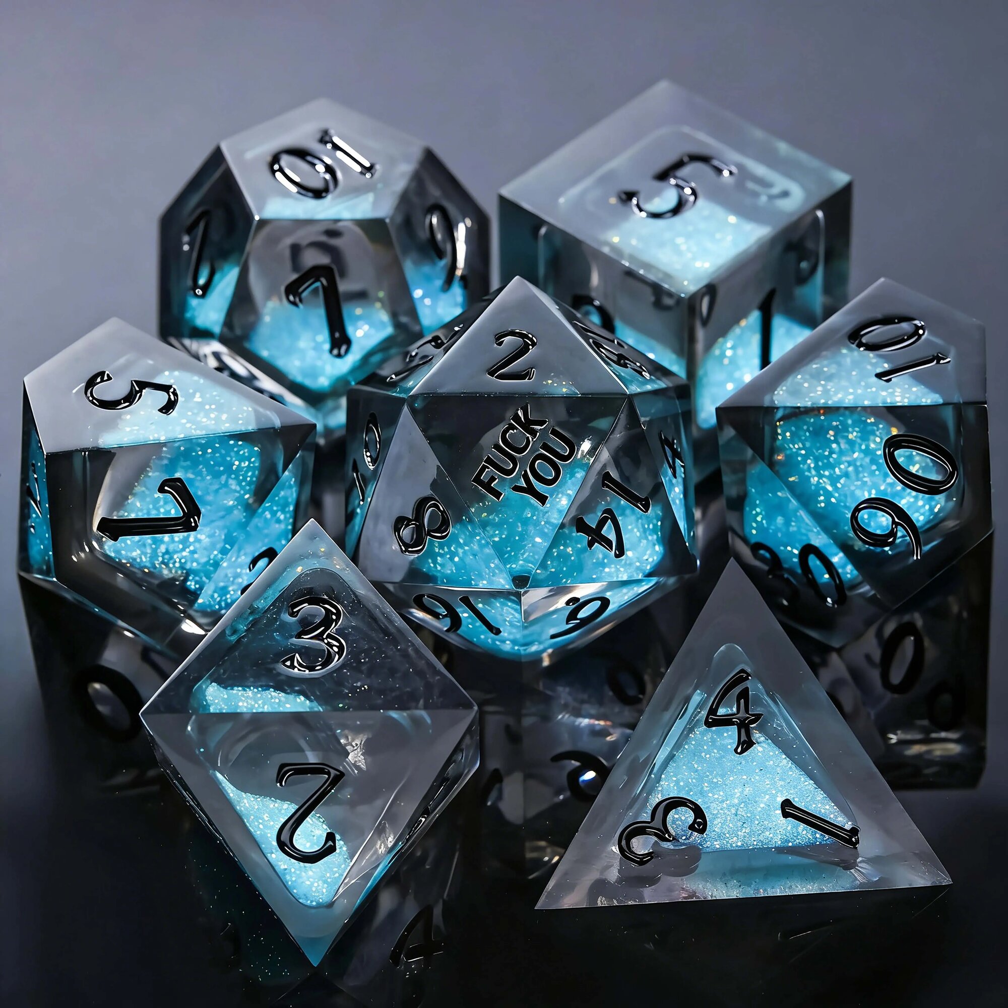 Набор кубиков DND 7 шт. Resin, синий с черными буквами