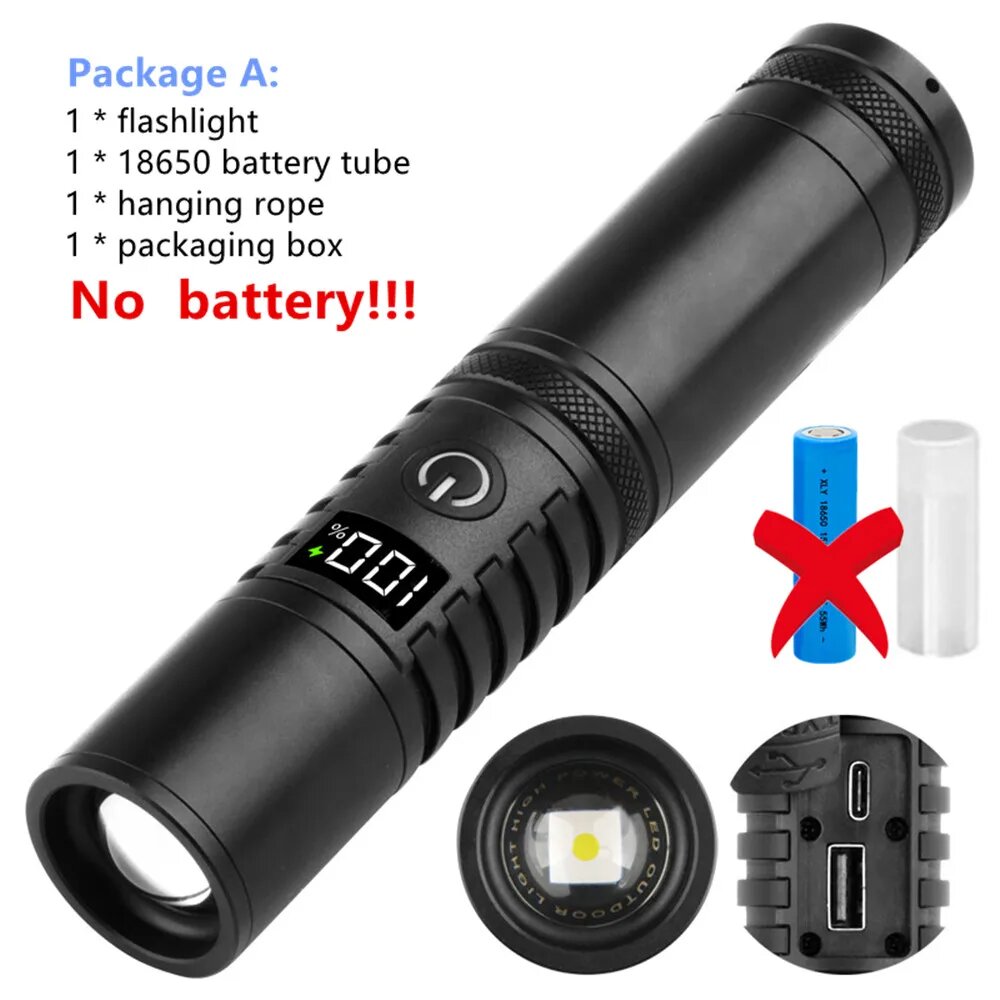 Высокомощный прожектор с длинным радиусом освещения, фонарик с зарядкой Type-C, масштабируемый алюминиевый сплав, тактический фонарь