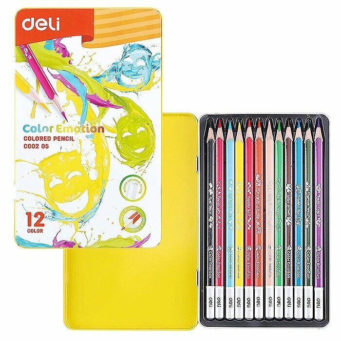 Карандаши цветные Deli 12 цветов, липа, в металлической коробке (EC00205)