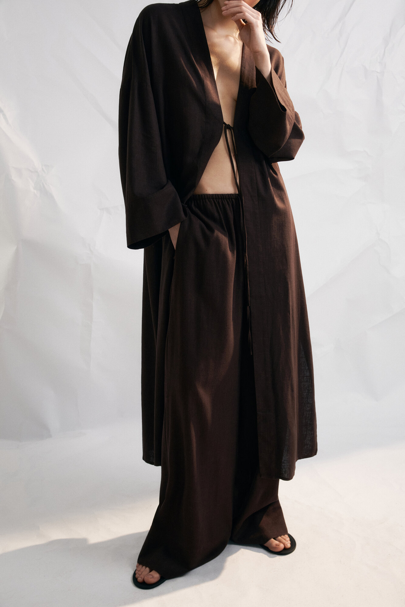 Брюки wide leg на завязках со льном